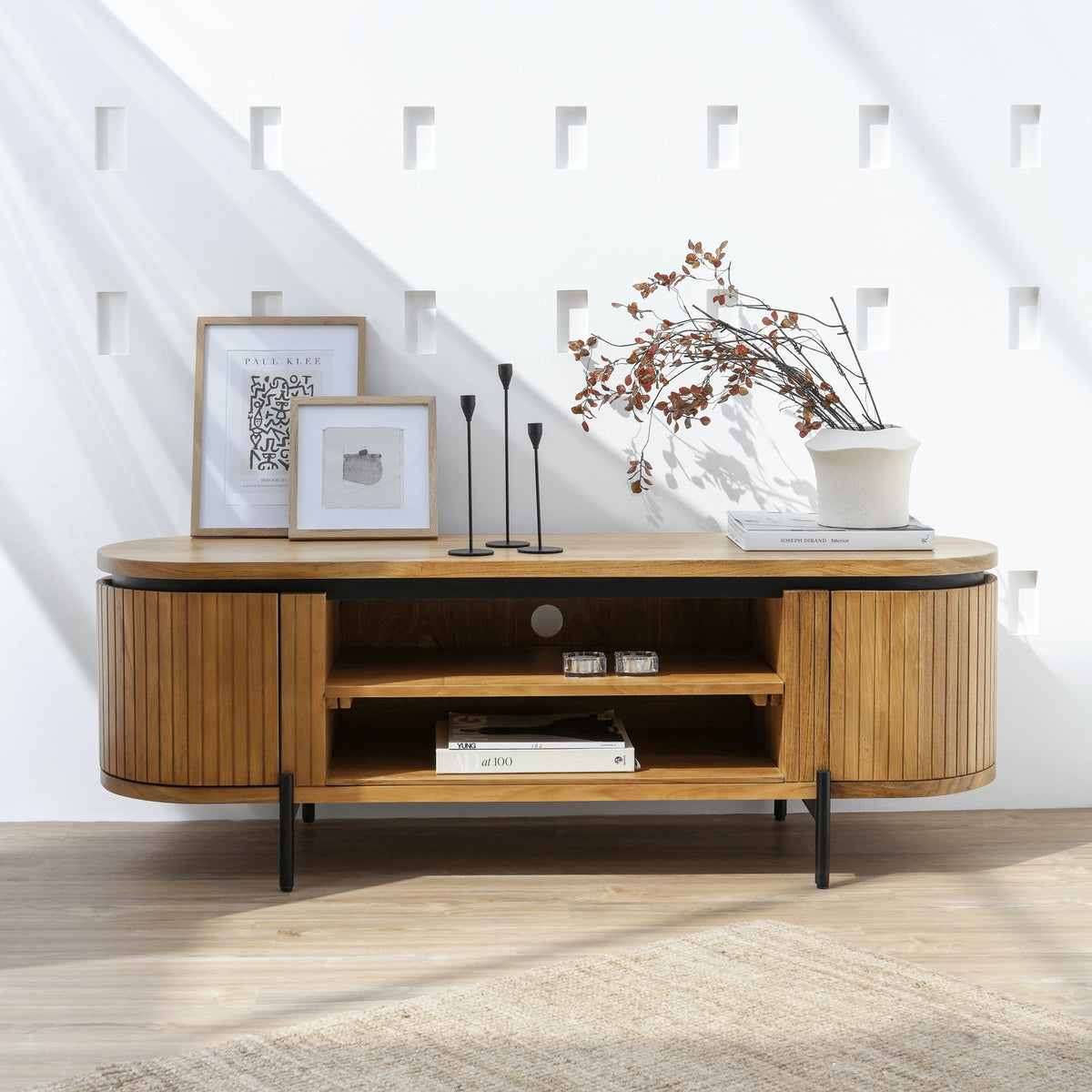 Elegant Willow Fluted TV Unit – Teak Wood & Industrial Style — Wood Culture